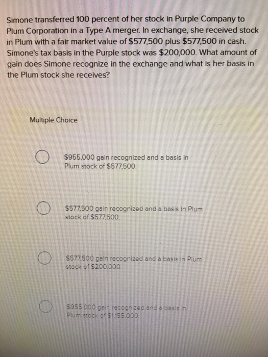 Solved Simone transferred 100 percent of her stock in Purple | Chegg.com