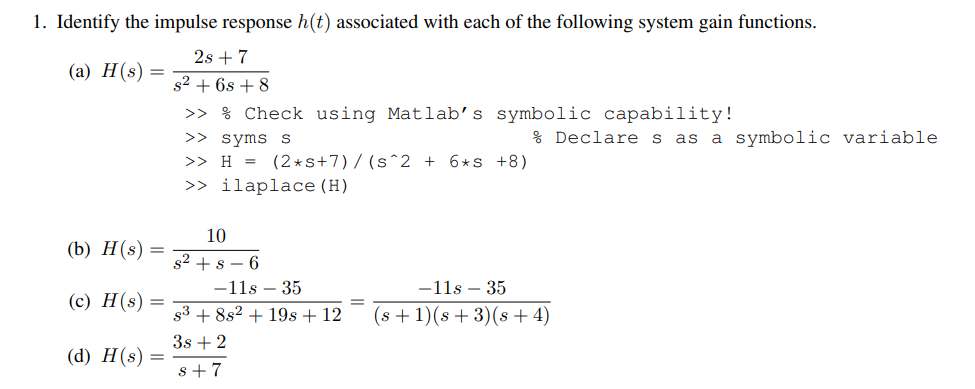 Solved 1. Identify the impulse response h(t) associated with | Chegg.com