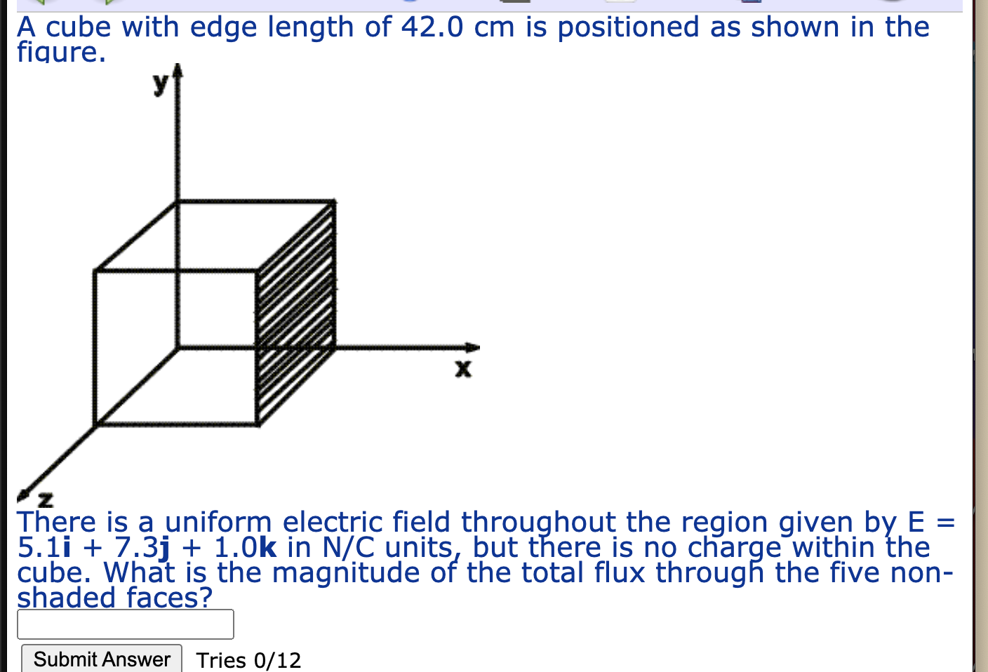 Solved A cube with edge length of 42.0 cm is positioned as | Chegg.com