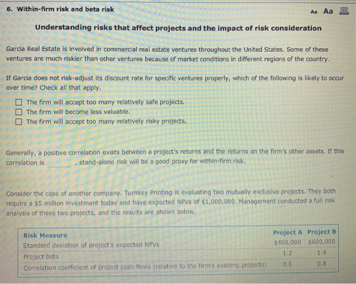 Solved 6. Within-firm risk and beta risk Aa Aa Understanding | Chegg.com