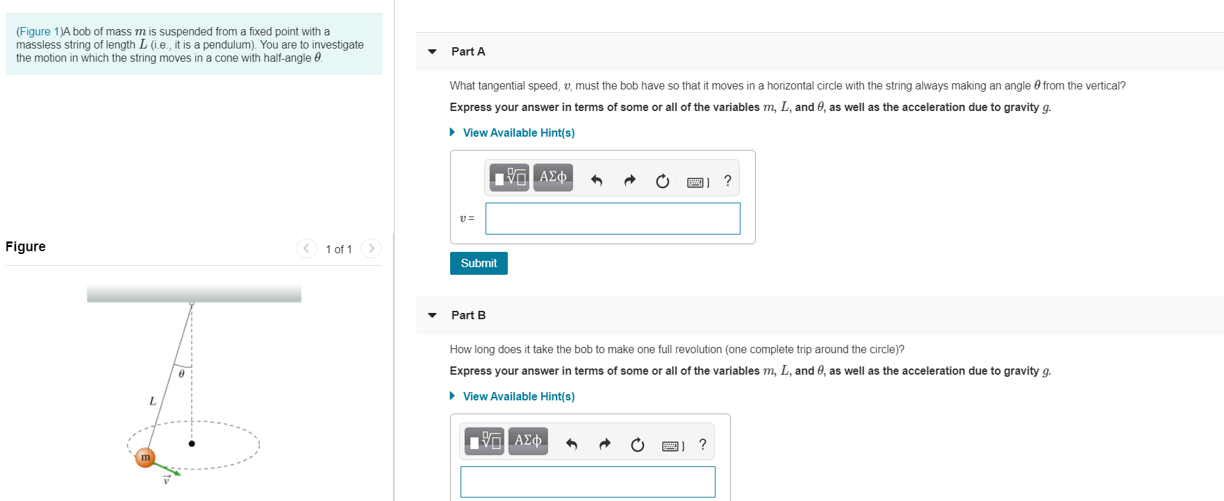 Solved (Figure 1)A bob of mass m is suspended from a fixed | Chegg.com