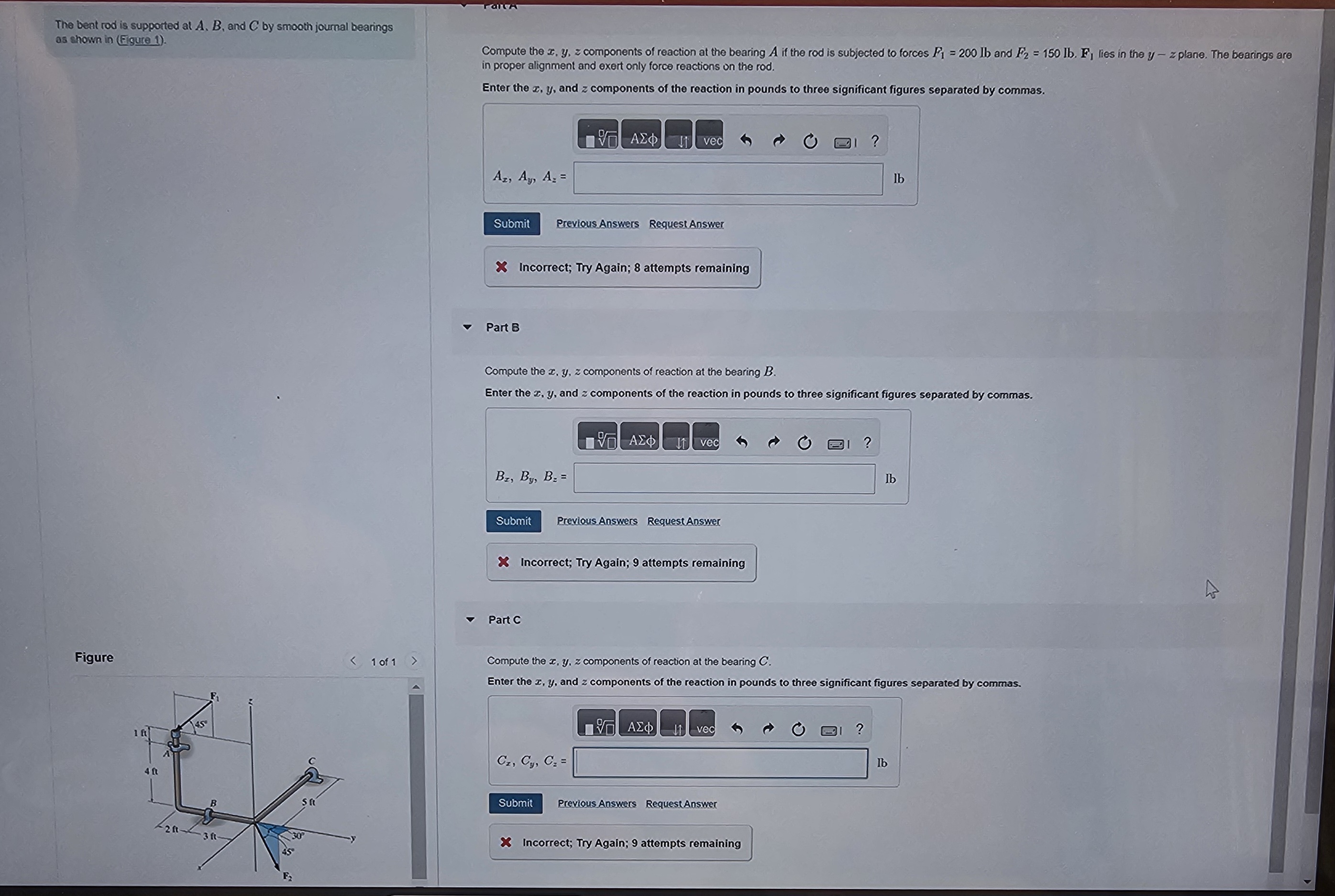 Solved The beat rod is supported at A,B, ﻿and C ﻿by smooth | Chegg.com