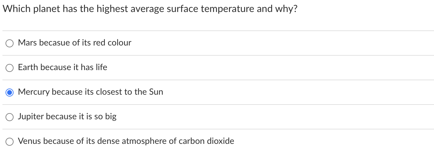 Solved Which planet has the highest average surface | Chegg.com