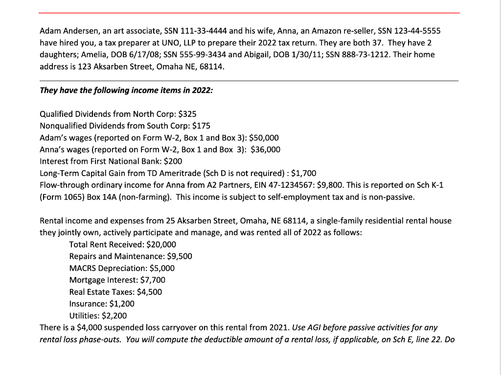 Required: Prepare USA Form 1040, Sch. 1, Sch. A, Sch. | Chegg.com