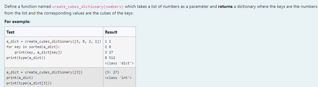 Solved Define a function named create_cubes_dictionary | Chegg.com