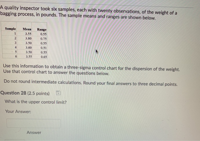 Solved A quality inspector took six samples, each with | Chegg.com