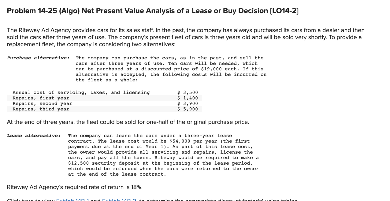 Solved Problem 14-25 (Algo) Net Present Value Analysis of a | Chegg.com