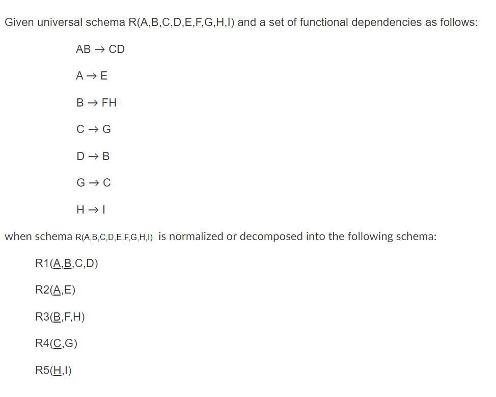 Solved Given universal schema R(A,B,C,D,E,F,G,H,1) and a set | Chegg.com
