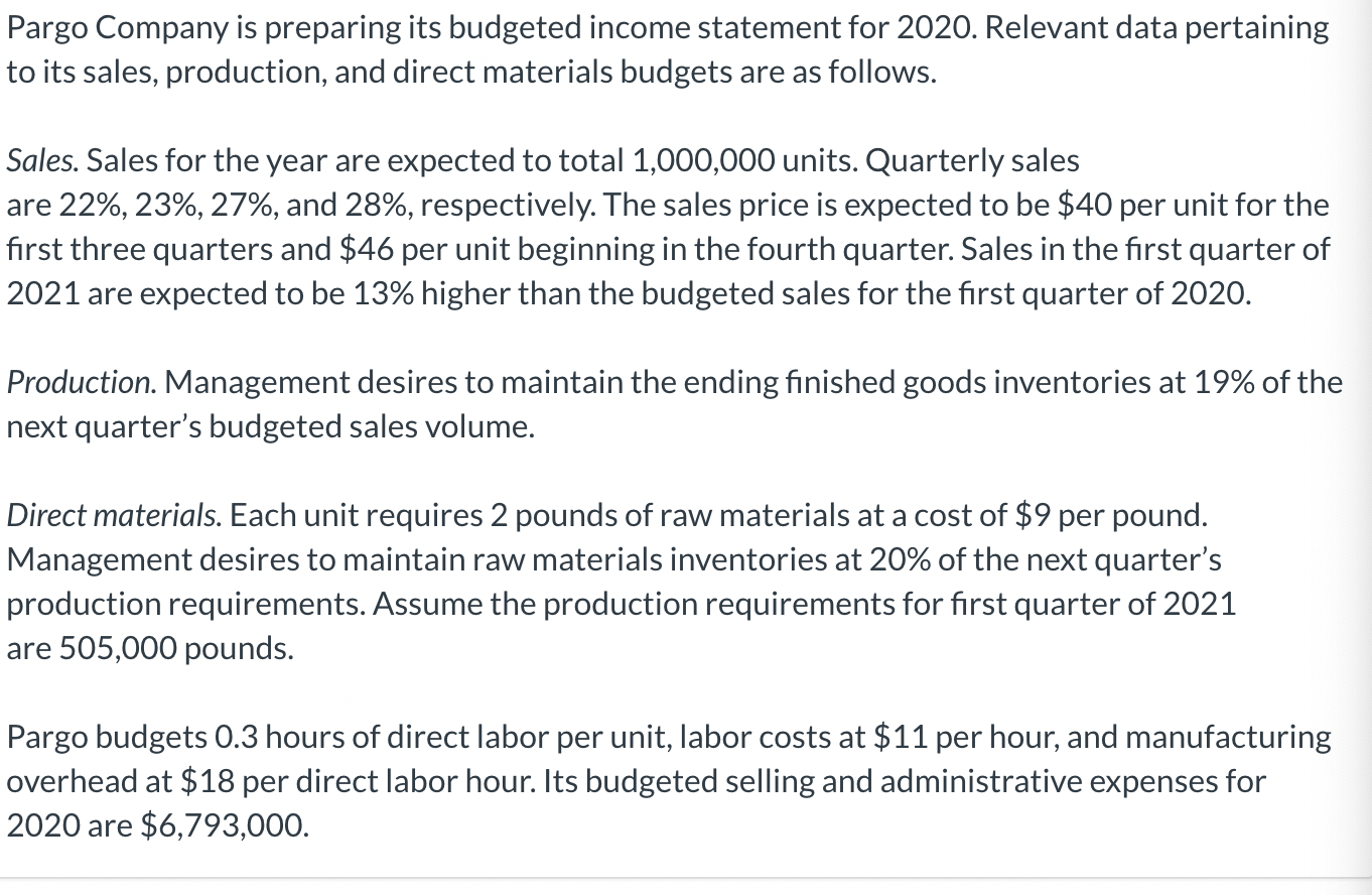 Solved Pargo Company is preparing its budgeted income | Chegg.com
