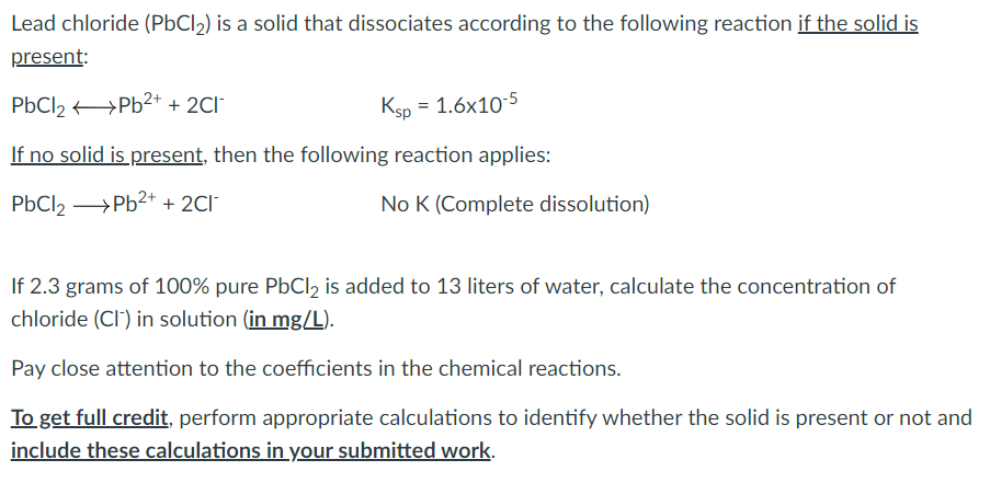 Solved Lead chloride (PbCl2) is a solid that dissociates | Chegg.com