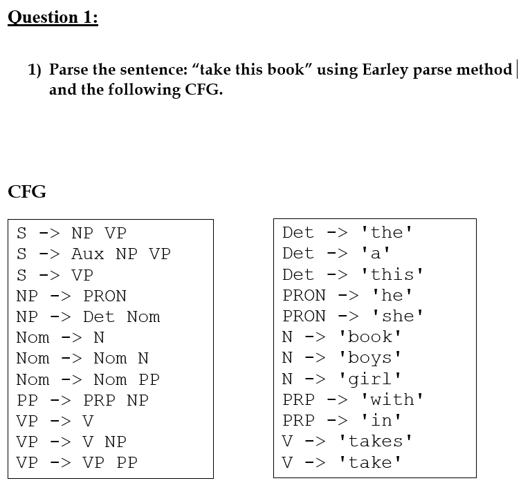 Solved 1) Parse the sentence: "take this book" using Earley | Chegg.com