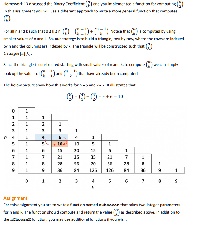 Solved Homework 13 discussed the Binary Coefficient (nk) and | Chegg.com