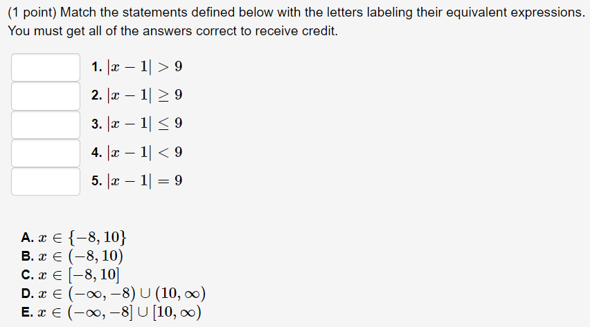 Solved (1 point) Match the statements defined below with the | Chegg.com