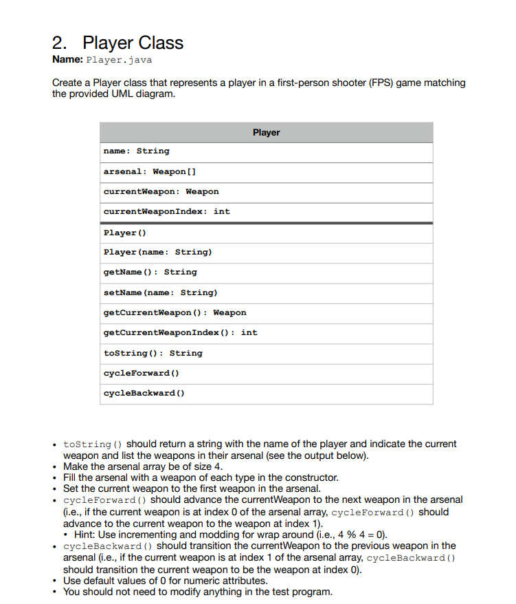 2. Player Class Name: Player.java Create a Player | Chegg.com