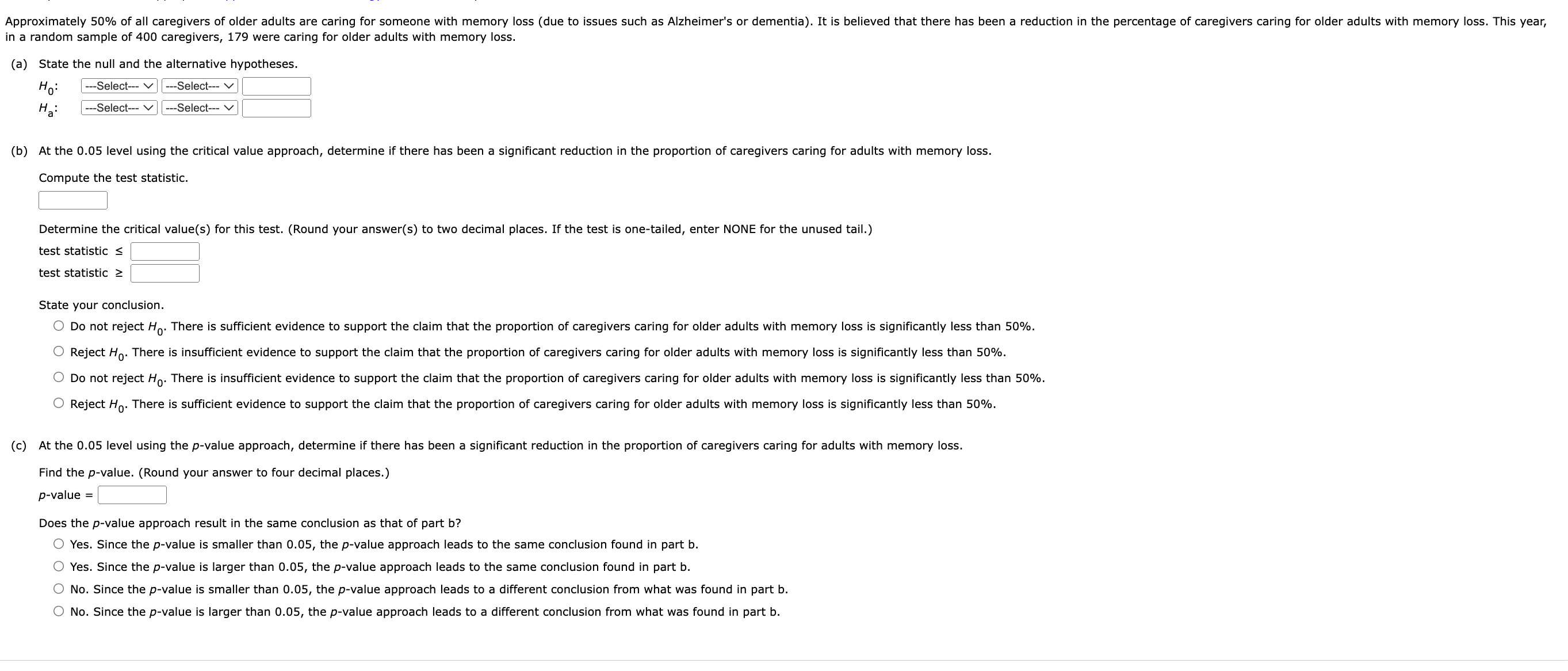 Solved in a random sample of 400 caregivers, 179 were caring | Chegg.com