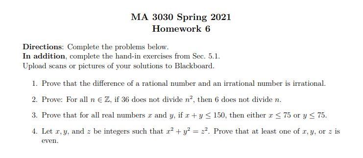 Solved MA 3030 Spring 2021 Homework 6 Directions: Complete | Chegg.com