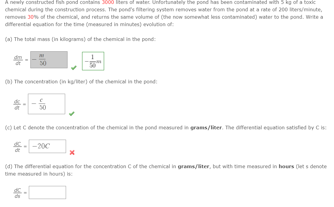 Solved A newly constructed fish pond contains 3000 liters of | Chegg.com
