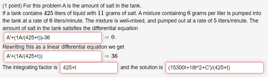 Solved (1 point) For this problem A is the amount of salt in | Chegg.com