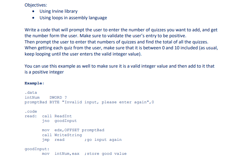 Objectives: - Using Irvine library - Using loops in | Chegg.com