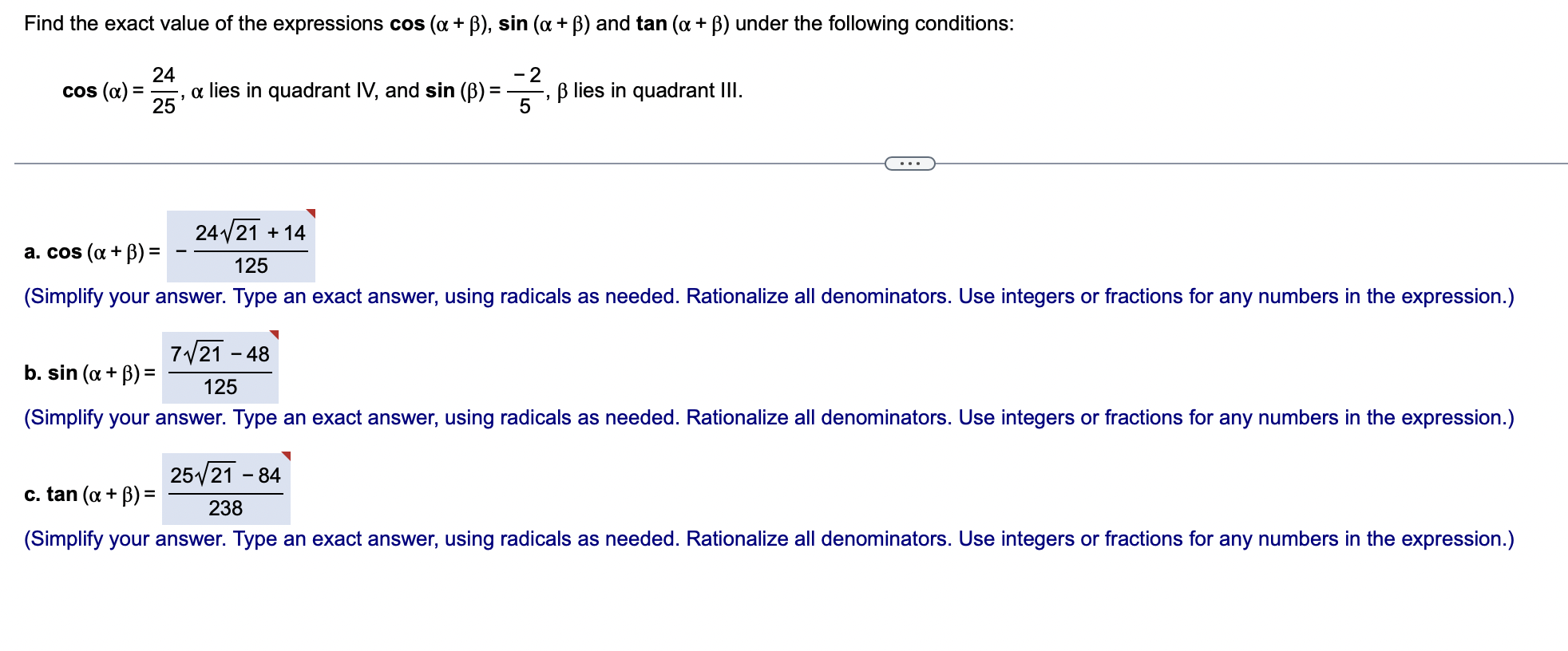 Solved Find the exact value of the expressions cos(α+β) , | Chegg.com