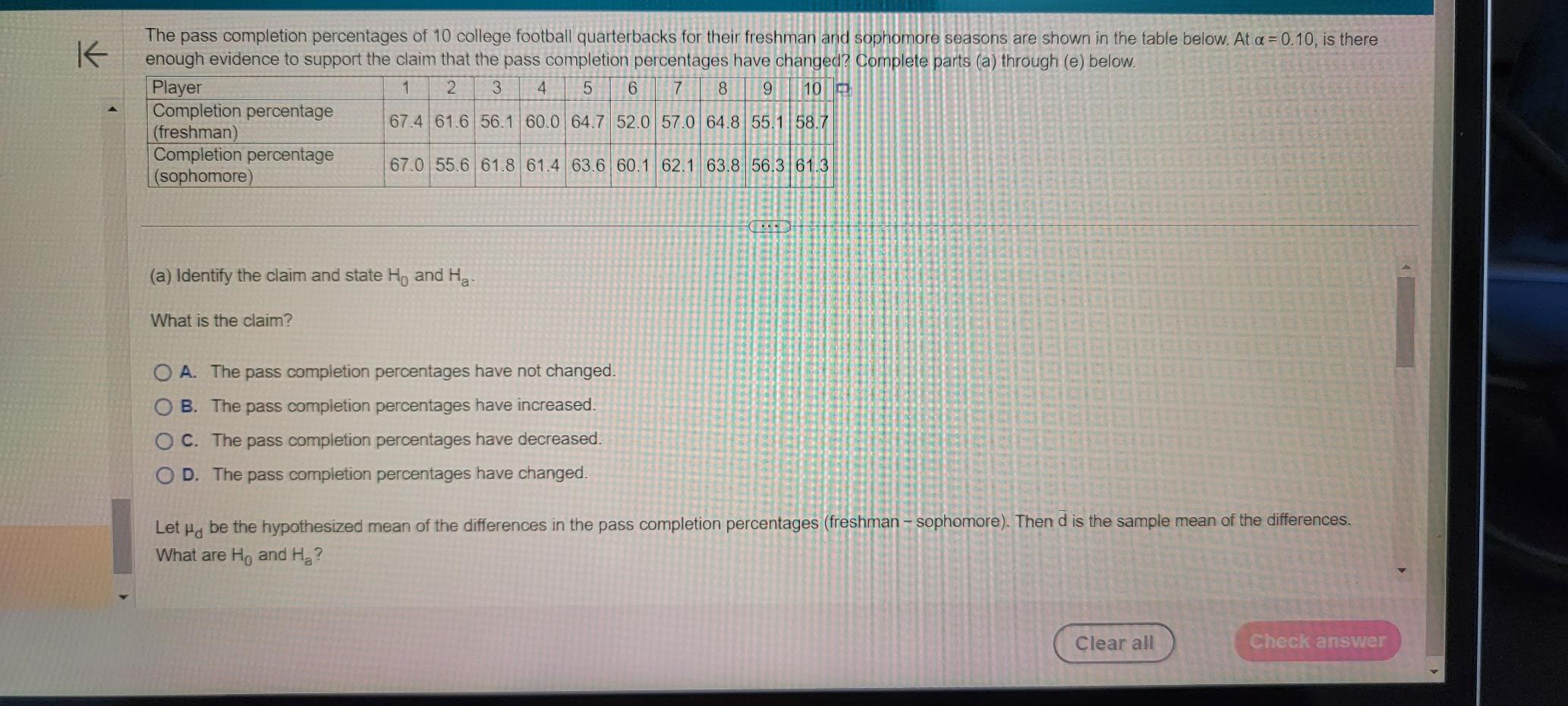 Solved The pass completion percentages of 10 college | Chegg.com