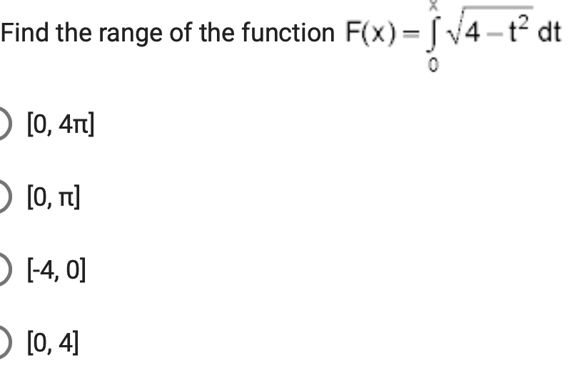 Solved Find the range of the function F(x)=∫0x4−t2dt [0,4π] | Chegg.com