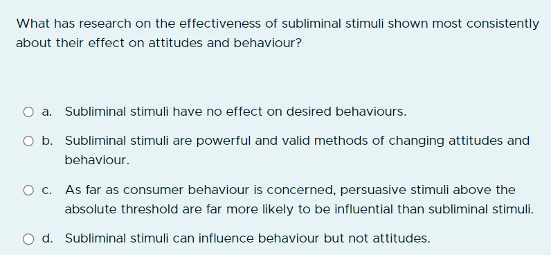 Solved What has research on the effectiveness of subliminal | Chegg.com