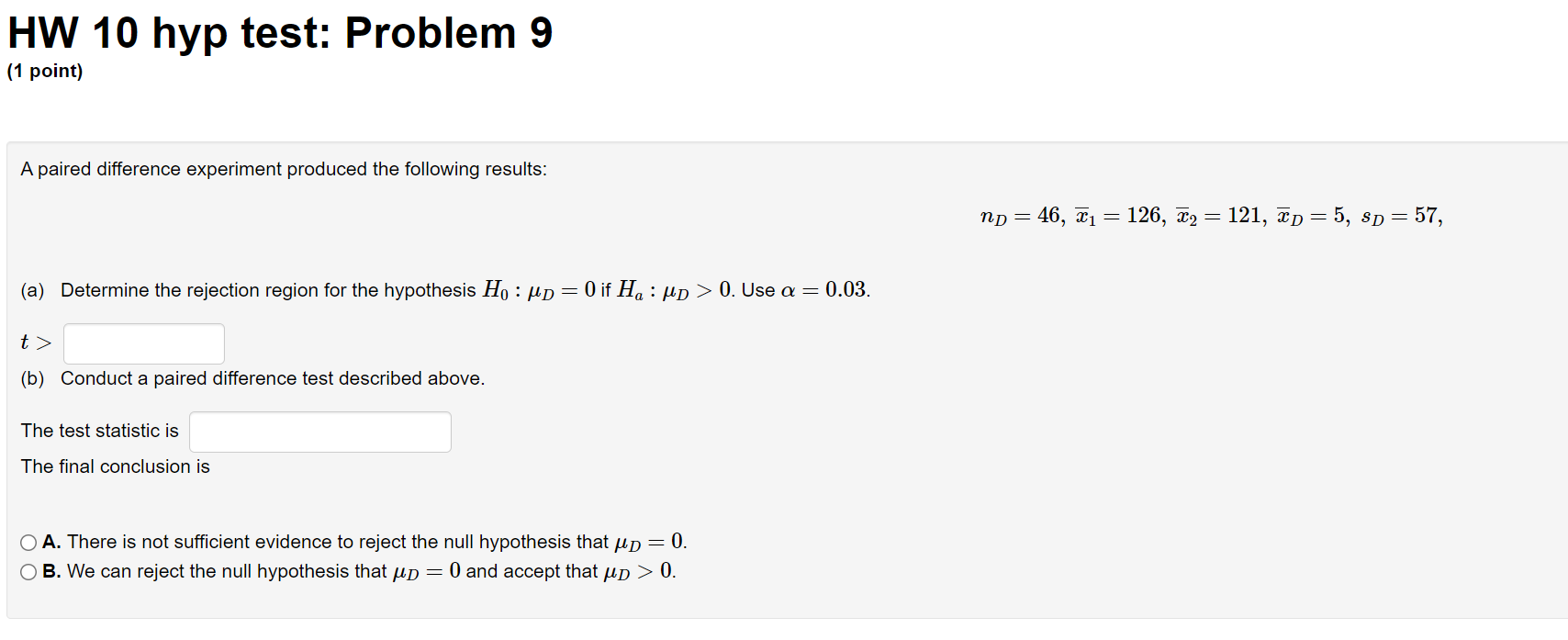 Solved HW 10 hyp test: Problem 9 (1 point) A paired | Chegg.com