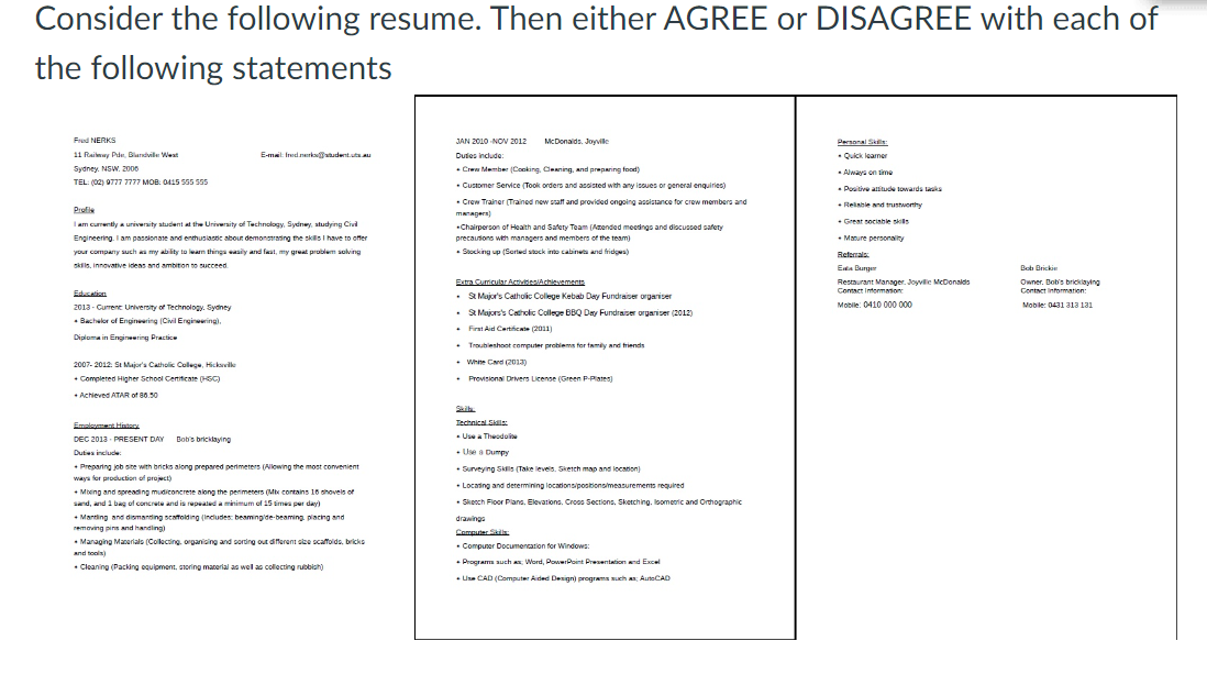 Solved Consider the following resume. Then either AGREE or | Chegg.com