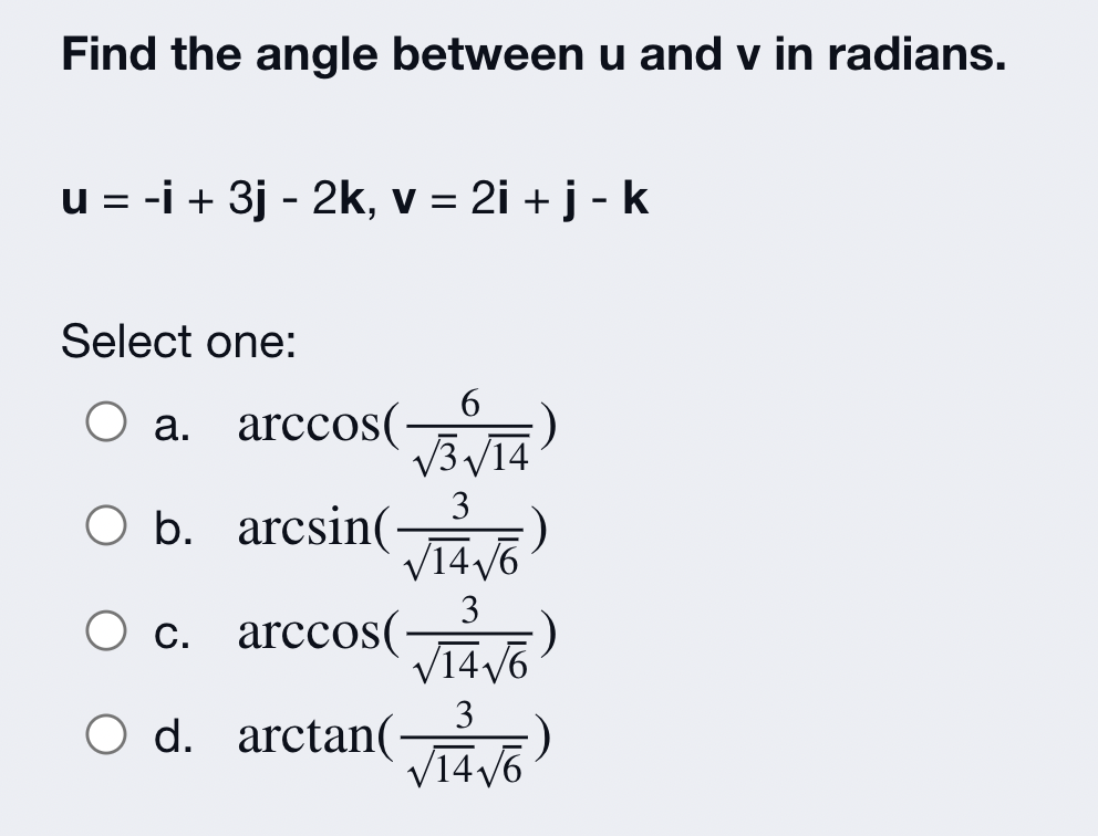 Solved Find the angle between u and v in radians. | Chegg.com
