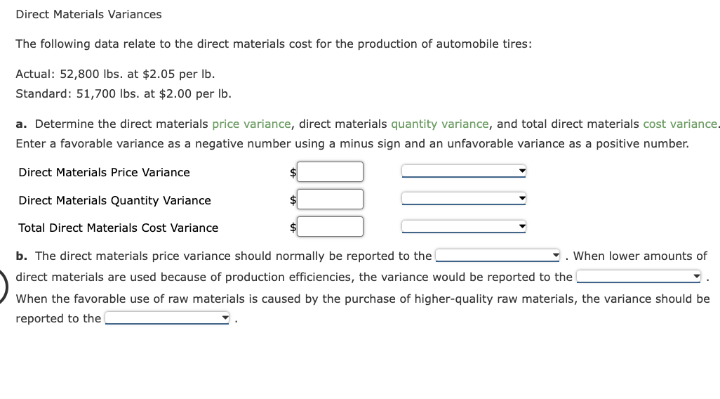 Solved Direct Materials Variances The following data relate | Chegg.com