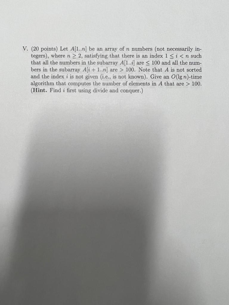Solved V. (20 points) Let A[1..n] be an array of n numbers | Chegg.com