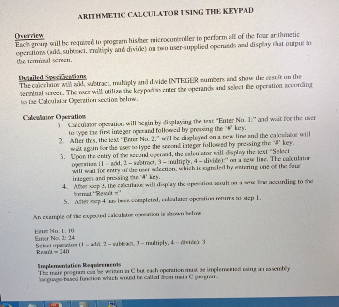 Solved ARITHMETIC CALCULATOR USING THE KEYPAD Overview Each | Chegg.com