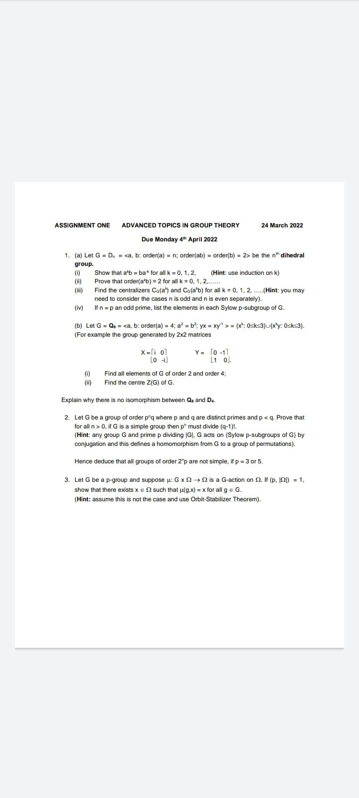 Solved ASSIGNMENT ONE ADVANCED TOPICS IN GROUP THEORY 24 | Chegg.com