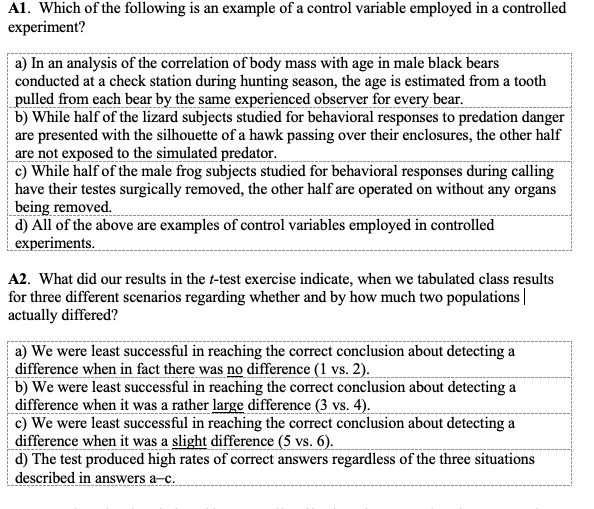 Solved Al. Which of the following is an example of a control | Chegg.com