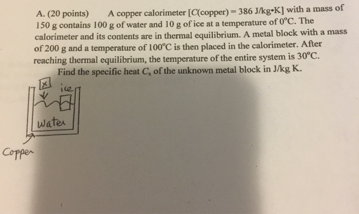 Solved A copper calorimeter [C(copper) = 386 J/kg middot K] | Chegg.com