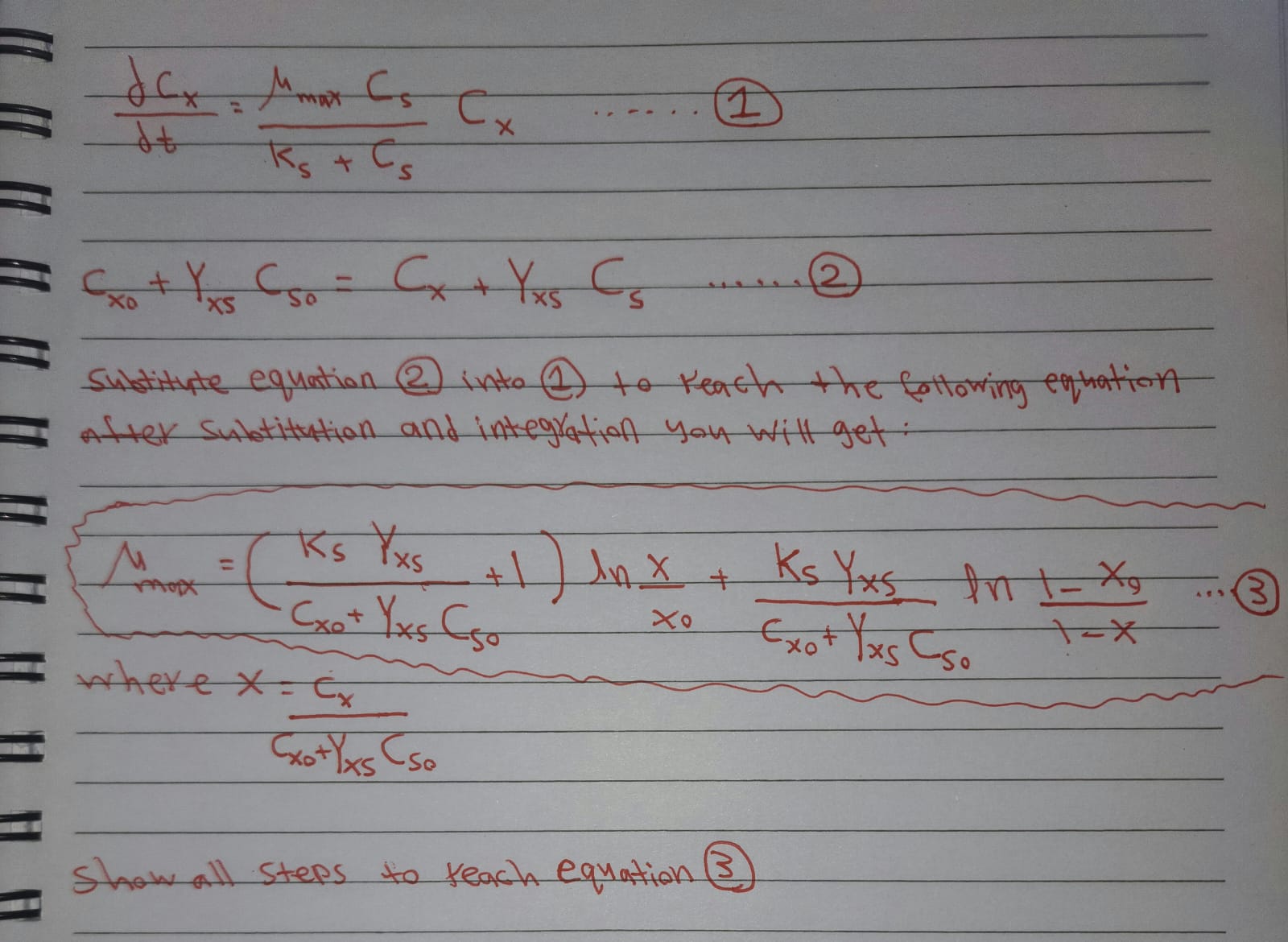 Solved ∂t∂cx=ks+Csμmax csCxCx0+YxsCs0=Cx+YxsCs Subtitute | Chegg.com