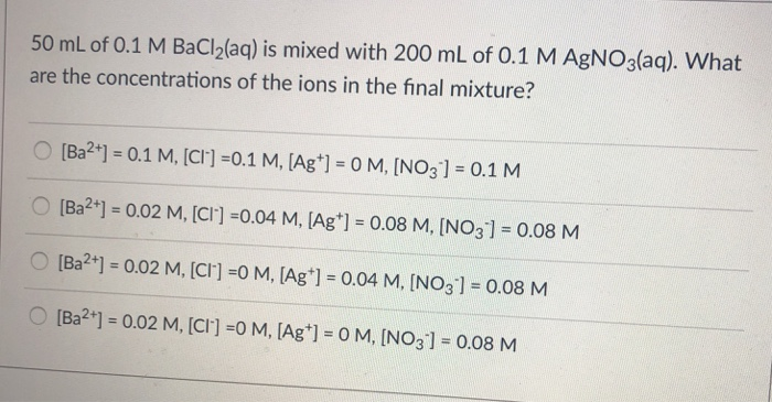 Solved 50 mL of 0.1 M BaCl2(aq) is mixed with 200 mL of 0.1 | Chegg.com