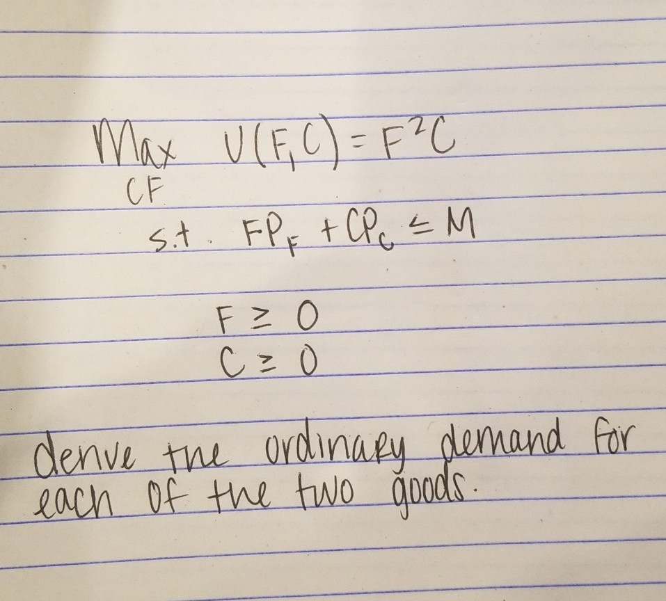 Solved Derive the ordinary or uncompensated demand for each | Chegg.com