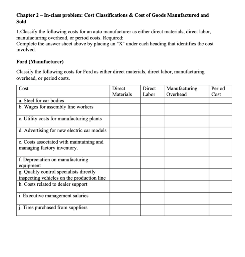 Solved Chapter 2 - In-class problem: Cost Classifications \& | Chegg.com