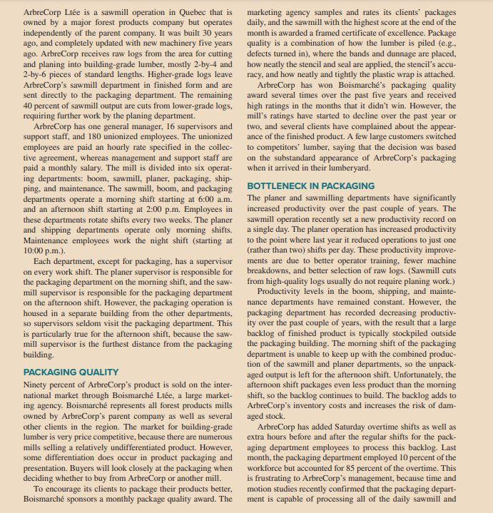 Solved ArbreCorp Ltée is a sawmill operation in Quebec that | Chegg.com