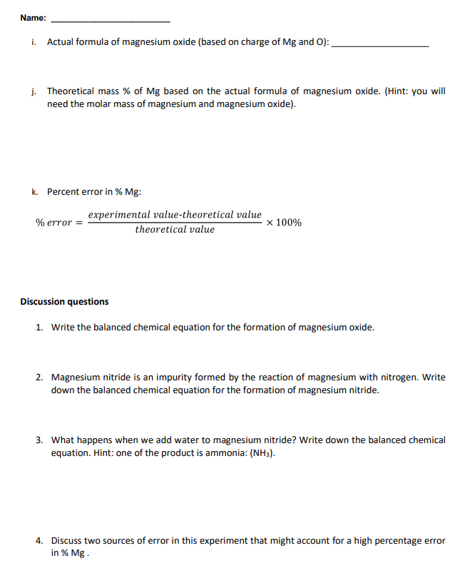 Solved j. Theoretical mass \% of Mg based on the actual | Chegg.com