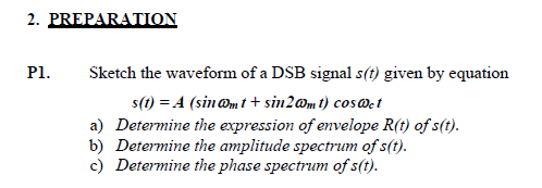 Solved 2. PREPARATION Pl. Sketch the waveform of a DSB | Chegg.com