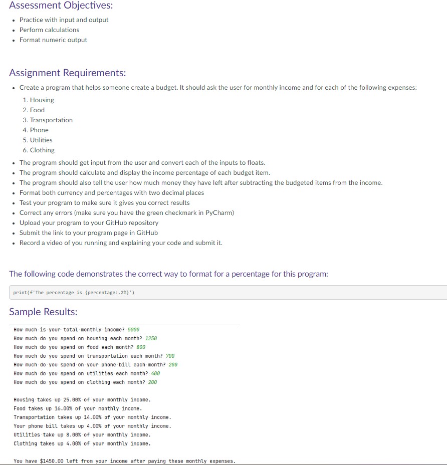 [Solved]: Assessment Objectives: - Practice with input and