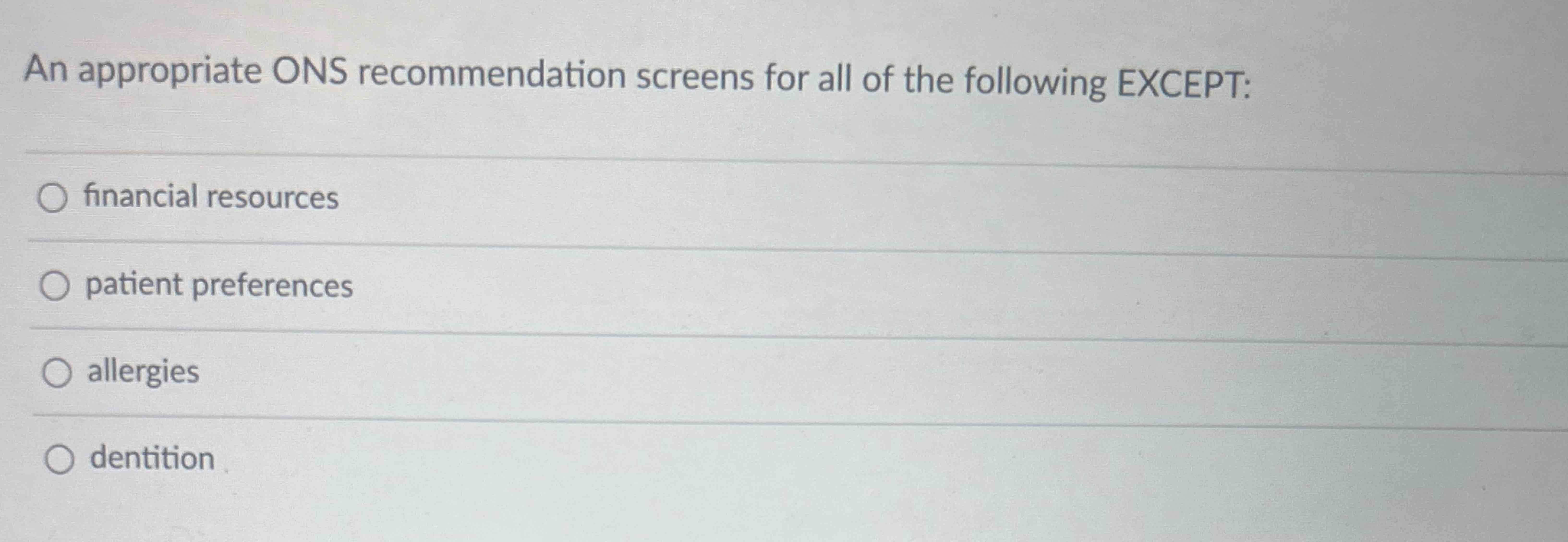 Solved An appropriate ONS recommendation screens for all of | Chegg.com