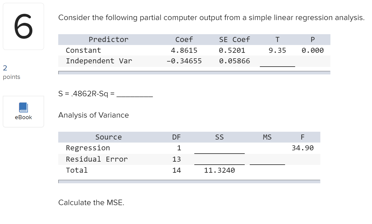 Solved Consider the following partial computer output from a | Chegg.com