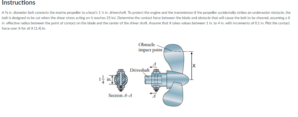 Solved A ⅜ in. diameter bolt connects the marine propeller | Chegg.com