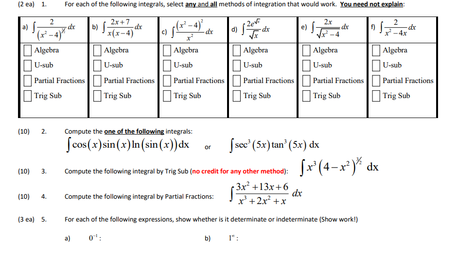 Solved (2 ea) 1. For each of the following integrals, select | Chegg.com
