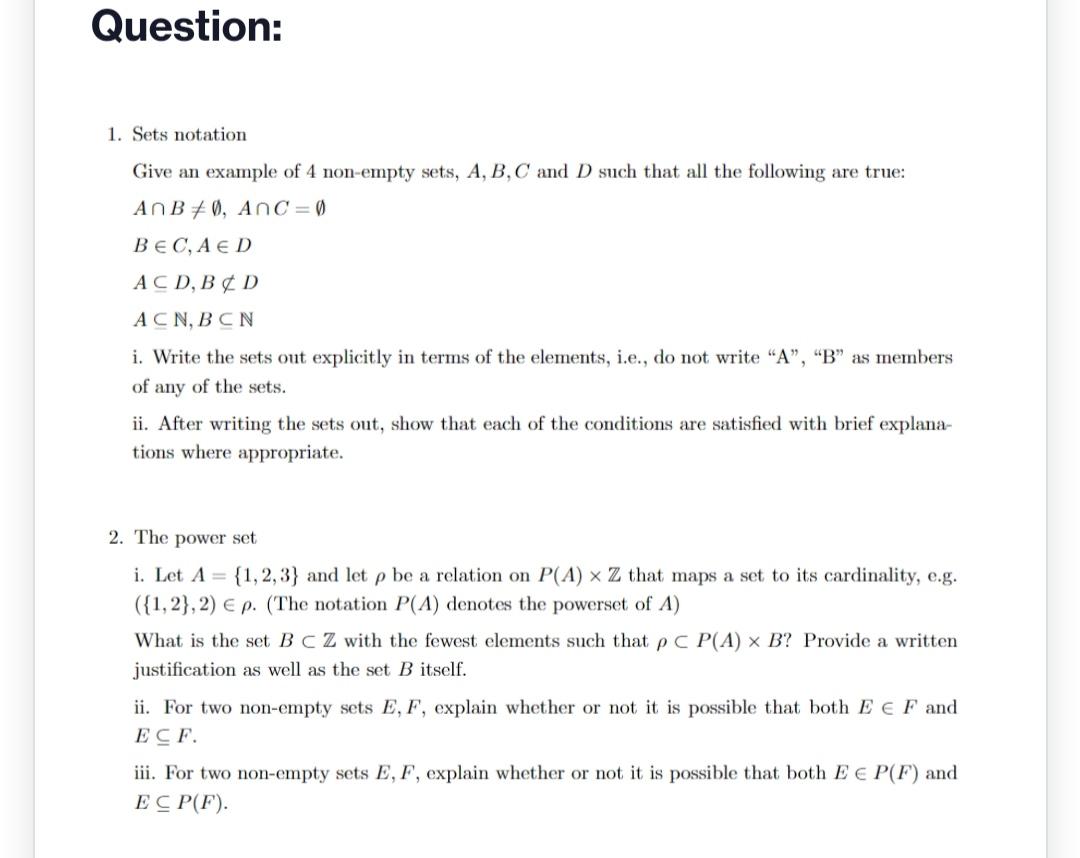 Solved 1. Sets notation Give an example of 4 non-empty sets, | Chegg.com
