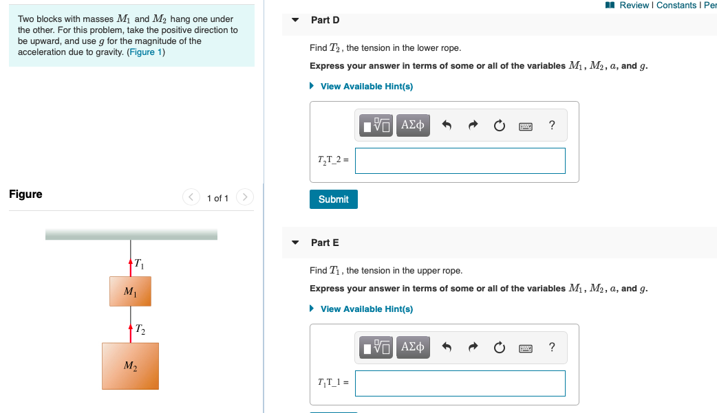Solved Two blocks with masses M1 M 1 and M2 M 2 hang one | Chegg.com